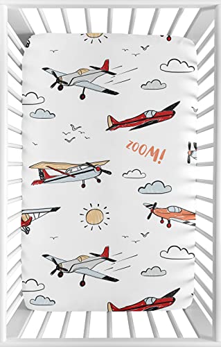 Sweet Jojo Designs Vintage Airplane Boy Fitted Mini Crib Sheet Baby Nursery for Portable Crib Pack and Play - Grey Yellow Orange Red White Blue Airplanes Air Plane Transportation Clouds Sky Aviator