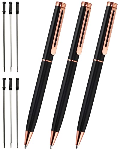 Cambond Black Pens, Ballpoint Pen Bulk Black Ink 1.0 mm Medium Point Smooth Writing Black and Rose Gold Pens for Men Women Police Uniform Office Business, 3 Pens with 6 Refills (Black)