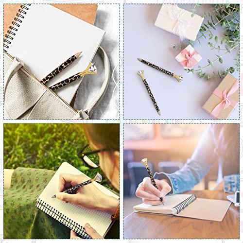 Fainne 6 Pieces Crystal Pens Leopard Ballpoint Pen Bling Diamond Pen Bride Wedding Pen Metal Pen with Diamond on Top Refillable Cheetah Pen for Office, School, Party Gifts