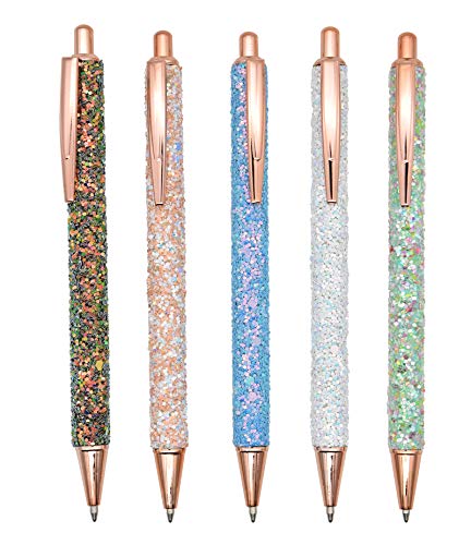 Gullor 5PCS Ballpoint Pens, Glitter Click Ball Pens, Black Ink Medium Point 1mm, for Office Supplies Gift Wedding Birthday, Gold