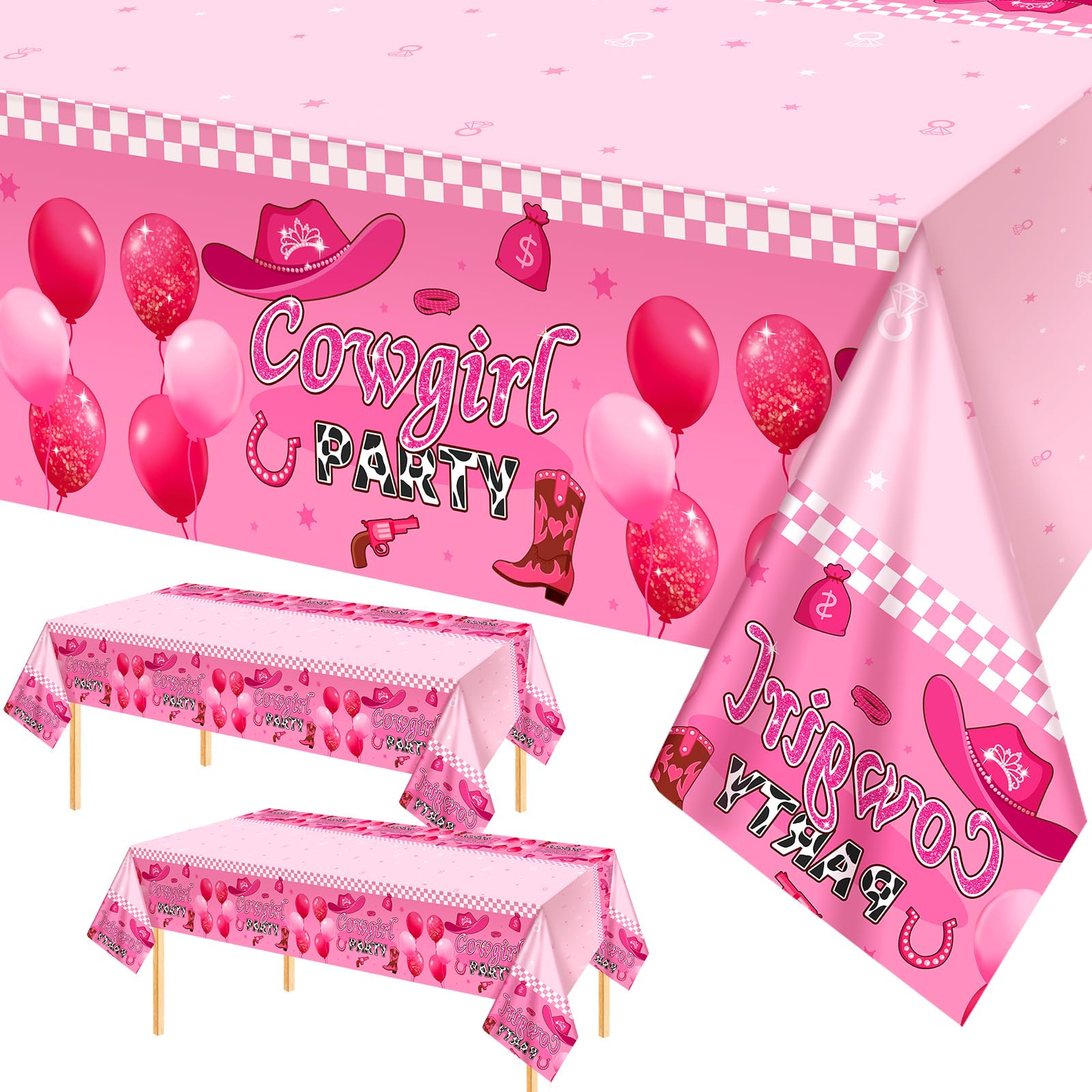 HyDren 3 Pcs Pink Cowgirl Party Tablecloth 54 x 108 Inch Western Disco Cowgirl Birthday Decorations Disposable Plastic Table Cover Rectangular Horse Party Supplies for Girls Boys Baby Shower