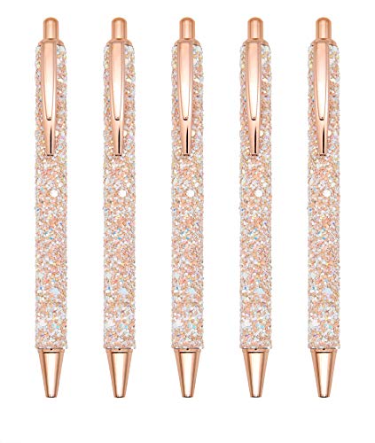 Gullor 5PCS Ballpoint Pens, Glitter Click Ball Pens, Black Ink Medium Point 1mm, for Office Supplies Gift Wedding Birthday, Gold