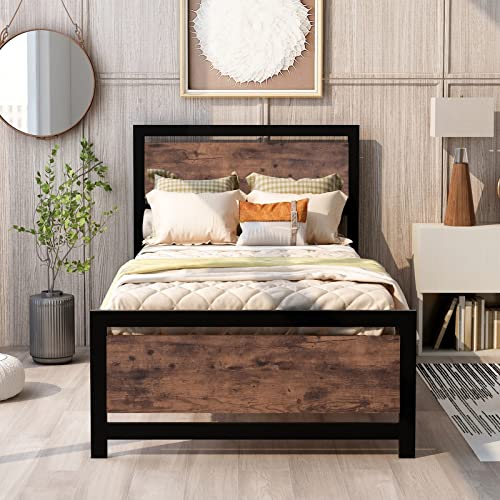 Metal Twin Bed Frame with Headboard, Bed Frame for Men Black Metal Bed Frame with Headboard and Footboard No Box Spring Needed 77.5 Inch