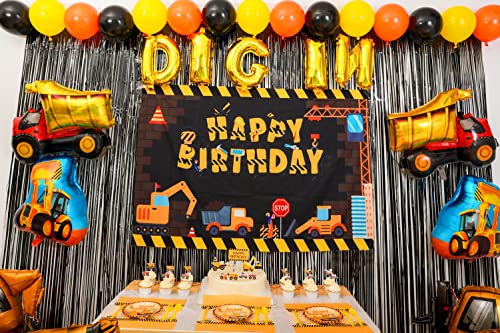 FIGEPO 179 Pack Construction Birthday Party Supplies Dump Truck Party Decorations Kits Plates, Utensils, Napkins, Tablecloth, Cake Toppers, Backdrop, Balloons, Curtains, Tape Banner Serves 16 Guests