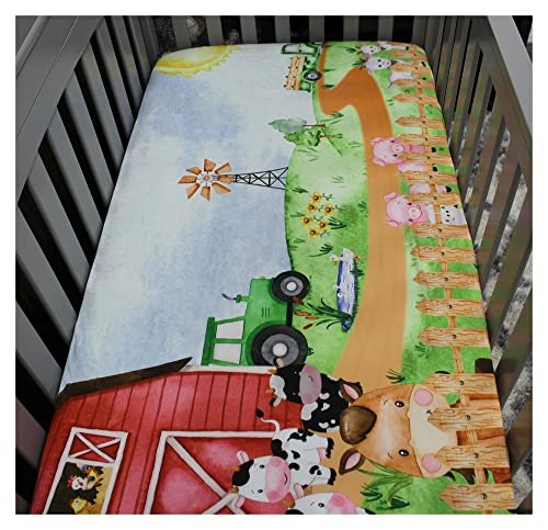 Dear Baby Gear Deluxe Crib Sheet Cotton Polyester Crib Sheets, Soft Machine-Washable Crib Sheet, Bed Sheets - Farm Life Animals Green Tractor Red Barn Blue Truck Print, 52"x28"x10"