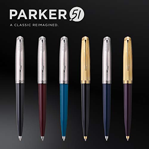 Parker 51 Ballpoint Pen | Deluxe Plum Barrel with Gold Trim | Medium 18k Gold Point with Black Ink Refill | Gift Box
