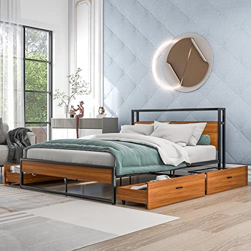 Banemi Queen Bed Frame with Drawers, Queen Size Platform Bed Frame Black Metal Bed Frame with Four Drawers Sockets and USB Ports Slat Support