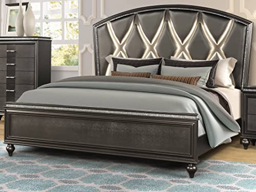Epinki Queen Size Led Bed Made with Wood in Copper, Gray, Bed Frame, Easy Assembly