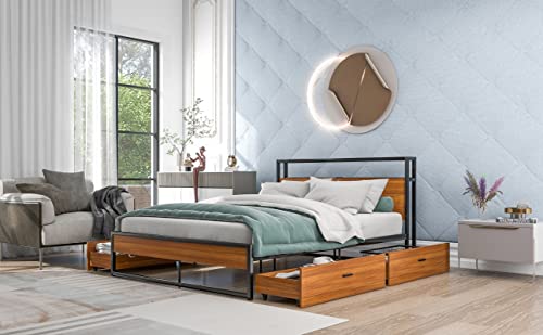 Banemi Queen Bed Frame with Drawers, Queen Size Platform Bed Frame Black Metal Bed Frame with Four Drawers Sockets and USB Ports Slat Support