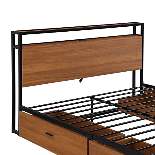 Banemi Queen Bed Frame with Drawers, Queen Size Platform Bed Frame Black Metal Bed Frame with Four Drawers Sockets and USB Ports Slat Support