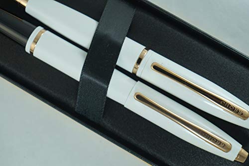Cross Limited Collection Pearlescent White Lightening Medalist with 23KT Rose Gold Appointments and Cross signature mid Band Calaise Medium nib Fountain Pen and Ballpoint with 6 cartridges