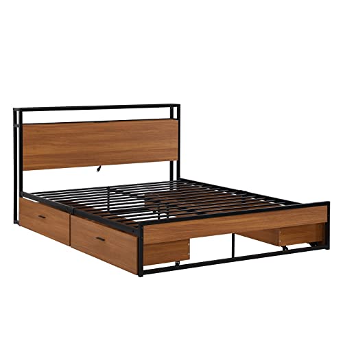 Banemi Queen Bed Frame with Drawers, Queen Size Platform Bed Frame Black Metal Bed Frame with Four Drawers Sockets and USB Ports Slat Support