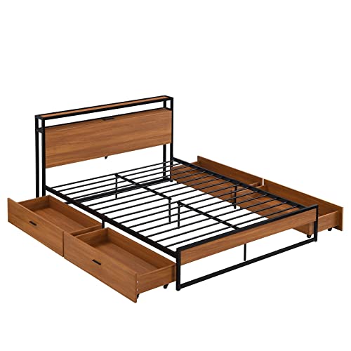 Banemi Queen Bed Frame with Drawers, Queen Size Platform Bed Frame Black Metal Bed Frame with Four Drawers Sockets and USB Ports Slat Support