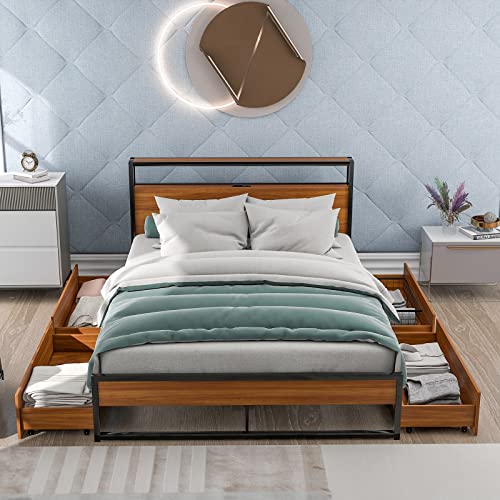 Banemi Queen Bed Frame with Drawers, Queen Size Platform Bed Frame Black Metal Bed Frame with Four Drawers Sockets and USB Ports Slat Support