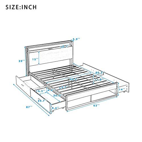 Banemi Queen Bed Frame with Drawers, Queen Size Platform Bed Frame Black Metal Bed Frame with Four Drawers Sockets and USB Ports Slat Support
