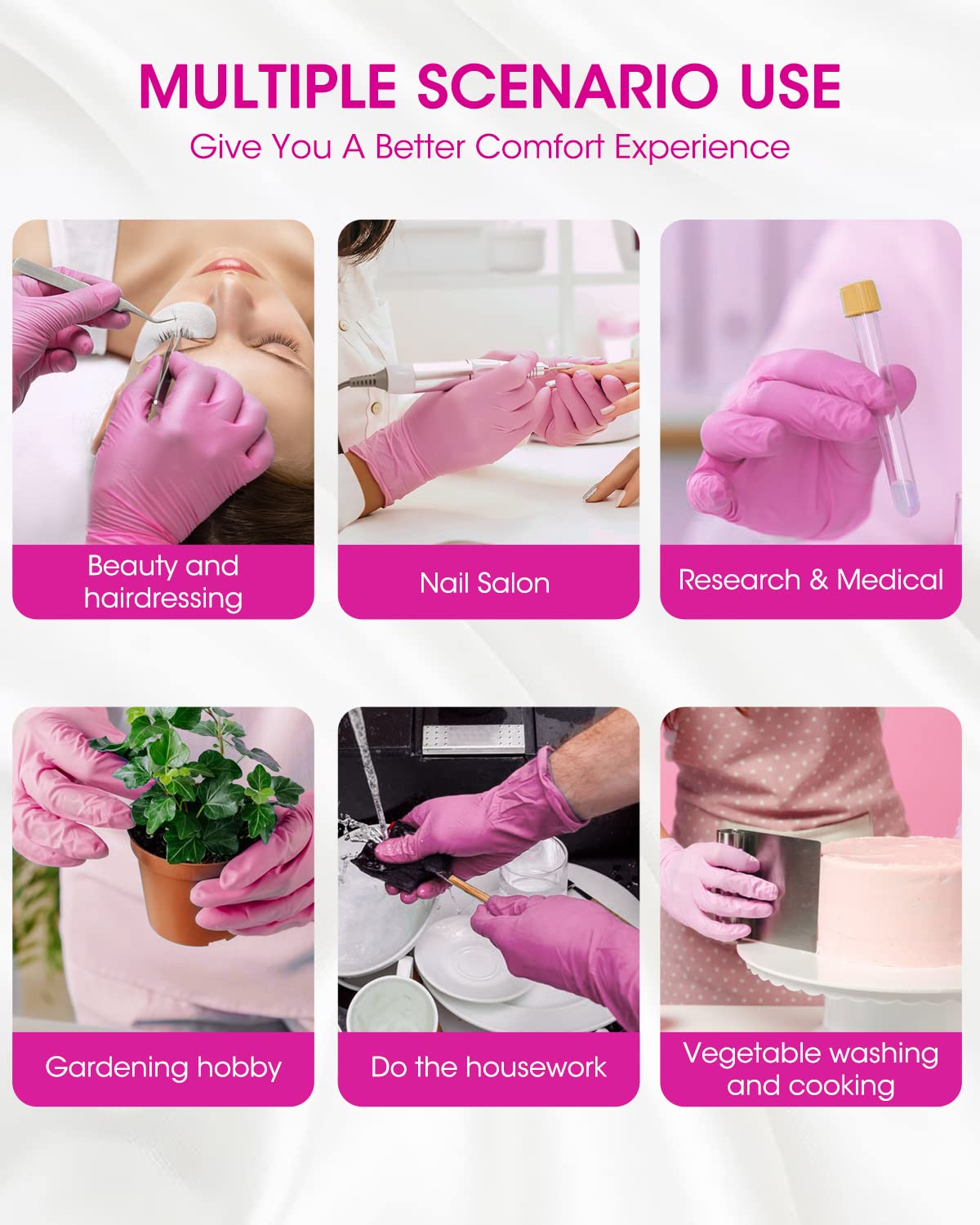 Funfe Disposable Nitrile Gloves,100Pcs Pink Gloves Medium Protection Gloves Nitrile Exam Gloves Latex Free Cleaning Working Gloves for Adult Nail Tech