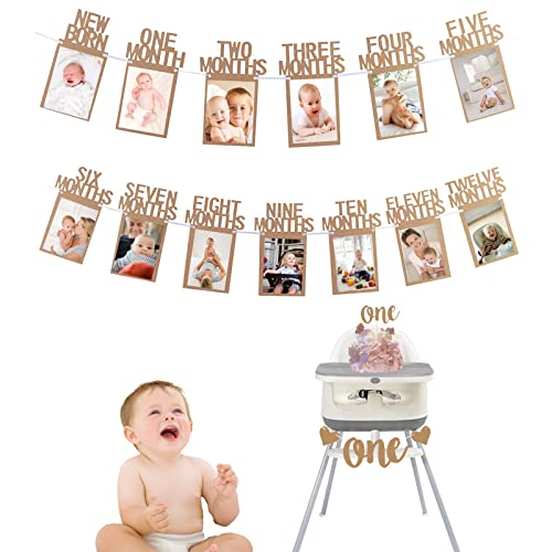 1st Birthday Baby Photo Banner Decorations Monthly Milestone Photograph Bunting Garland with First Birthday Cake Topper 1st birthday High Chair Banner, 4'' x 6''