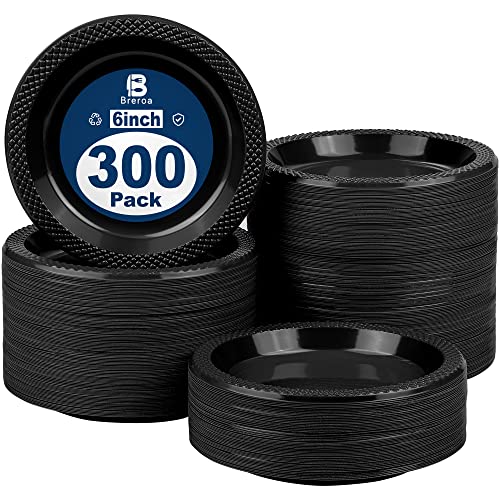 Breroa 300 Pieces Black Plastic Plates 6 Inch Disposable Round Dessert Plates Heavy Duty Appetizer Dinner Party Plates for Events Buffet Wedding Baby Shower Graduation Birthday Party Supplies