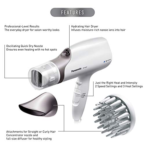 Panasonic Nanoe Salon Hair Dryer with Oscillating QuickDry Nozzle, Diffuser and Concentrator Attachments, 3 Speed Heat Settings for Easy Styling and Healthy Hair - EH-NA67-W (White)