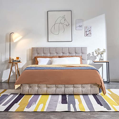 UMATRU King Size Upholstered Platform Bed Frame with Adjustable Headboard, No Box Spring Needed for Boys Girls Teens Adults, Under Bed Storage (King)