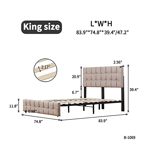 UMATRU King Size Upholstered Platform Bed Frame with Adjustable Headboard, No Box Spring Needed for Boys Girls Teens Adults, Under Bed Storage (King)