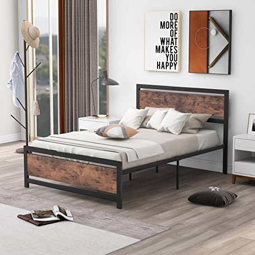Epinki Metal and Wood Bed Frame with Headboard and Footboard, Full Size Platform Bed, No Box Spring Needed, Easy to Assembly Black