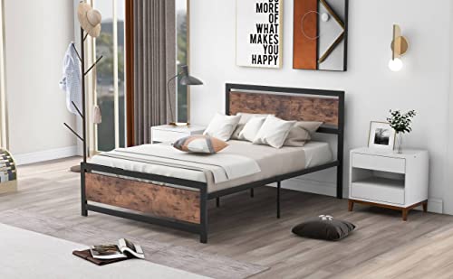 Epinki Metal and Wood Bed Frame with Headboard and Footboard, Full Size Platform Bed, No Box Spring Needed, Easy to Assembly Black