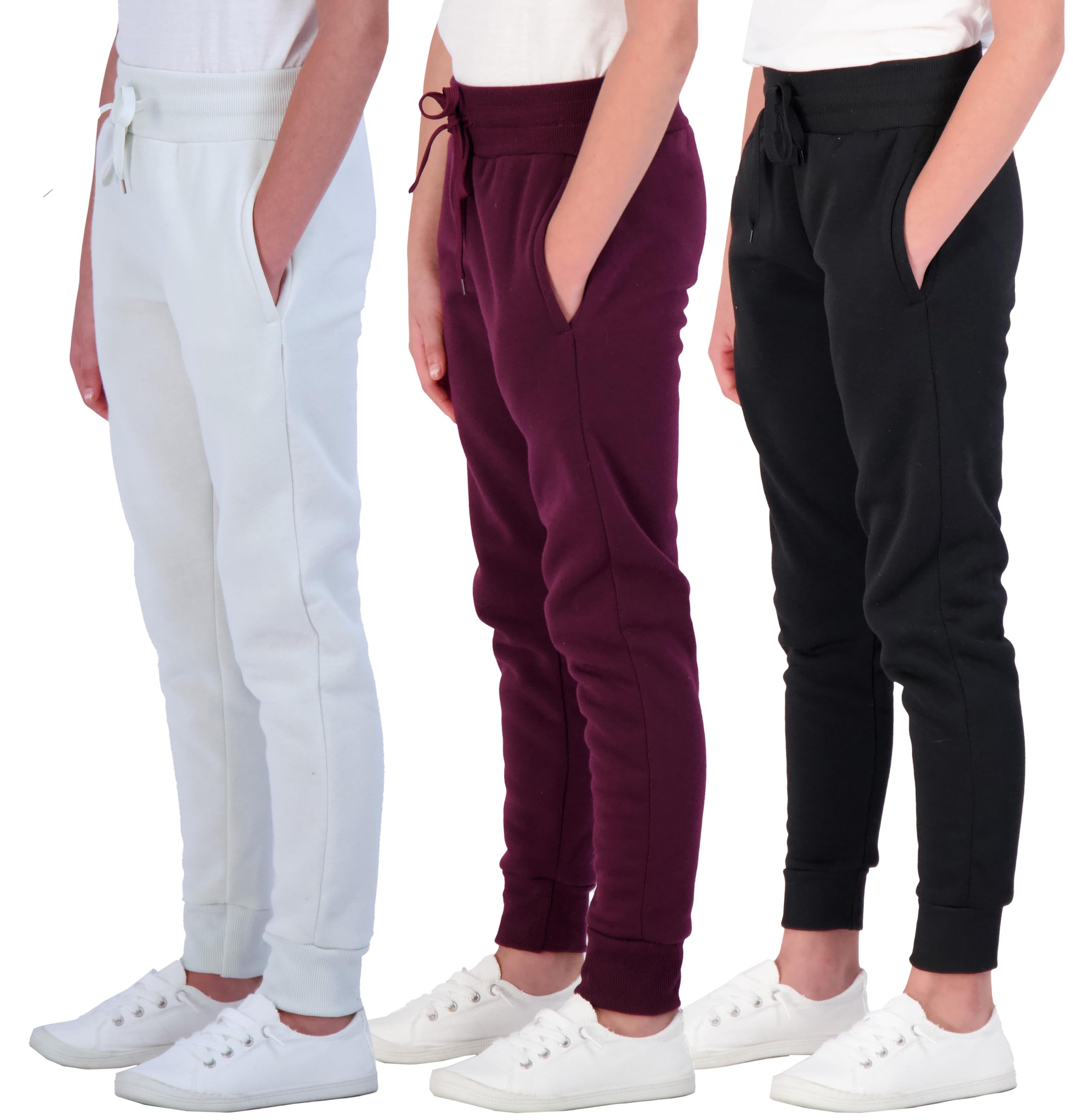 Real Essentials Girl's Fleece Joggers | Soft Athletic Sweatpants for Kids & Teens | Casual Track & Sports Pants - Set 8, Large (Pack of 3)
