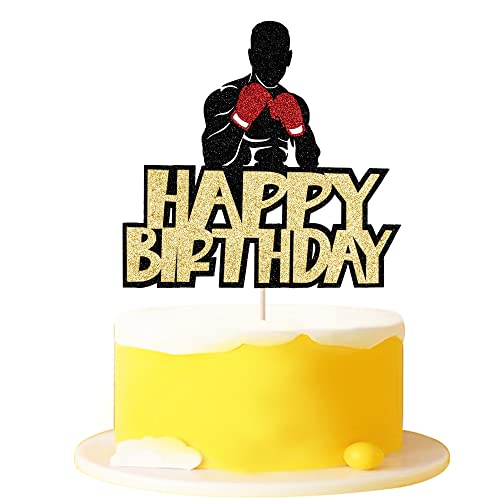 Happy Birthday Cake Topper,Black Glitter Boxing Cake Decorations,Sports Birthday Theme Party Cake Decoration Supplies