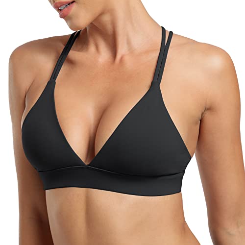 YEOREO Bella Sports Bra for Women V-Neck Strappy Criss-Cross Back Yoga Bra Padded Fitness Crop Top Black L