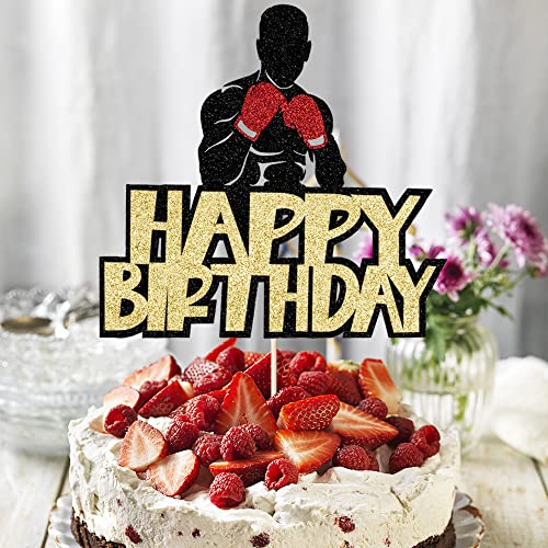 Happy Birthday Cake Topper,Black Glitter Boxing Cake Decorations,Sports Birthday Theme Party Cake Decoration Supplies