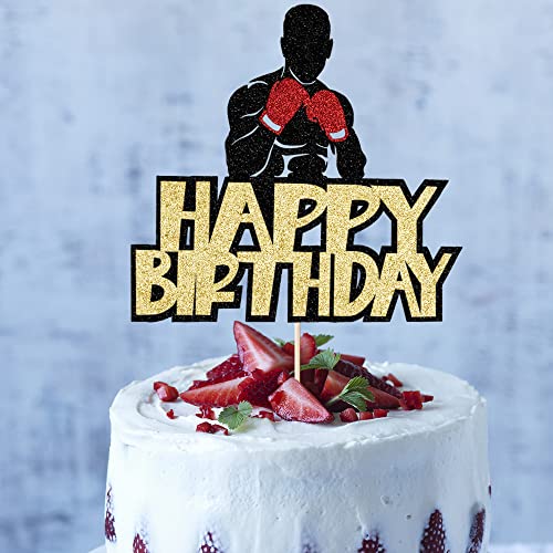Happy Birthday Cake Topper,Black Glitter Boxing Cake Decorations,Sports Birthday Theme Party Cake Decoration Supplies