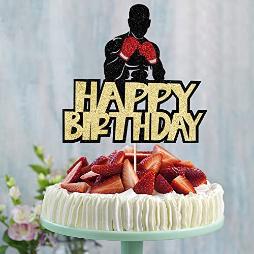 Happy Birthday Cake Topper,Black Glitter Boxing Cake Decorations,Sports Birthday Theme Party Cake Decoration Supplies
