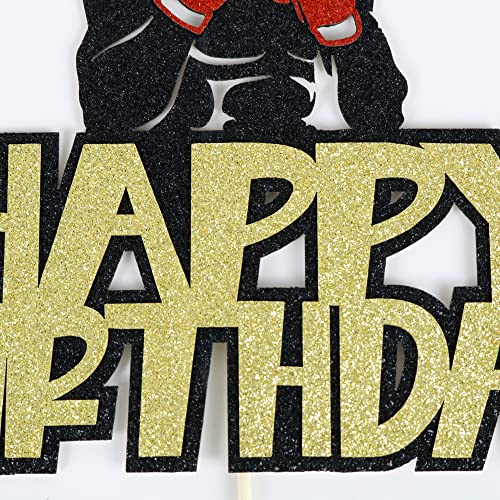 Happy Birthday Cake Topper,Black Glitter Boxing Cake Decorations,Sports Birthday Theme Party Cake Decoration Supplies
