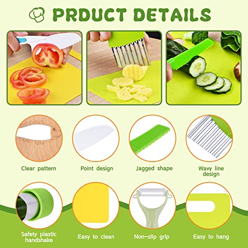 13 Pieces Montessori Kitchen Tools for Toddlers-Kids Cooking Sets Real-Toddler Safe Knives Set for Real Cooking with Plastic Toddler Safe Knives Crinkle Cutter Kids Cutting Board
