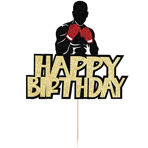 Happy Birthday Cake Topper,Black Glitter Boxing Cake Decorations,Sports Birthday Theme Party Cake Decoration Supplies