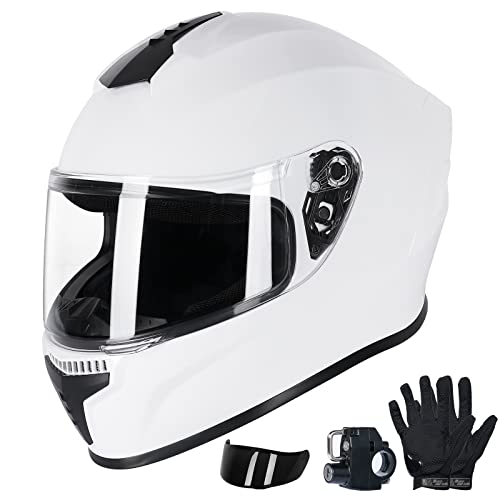 Full Face Motorcycle Street Bike Helmet with Motorcycle Gloves for Men and Women + 2 Visors DOT Model and Helmet Lock for BMX ATV MTB Riding, Road Racing, Cycling(MH-White, Large)