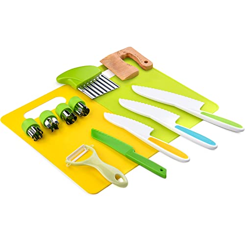 13 Pieces Montessori Kitchen Tools for Toddlers-Kids Cooking Sets Real-Toddler Safe Knives Set for Real Cooking with Plastic Toddler Safe Knives Crinkle Cutter Kids Cutting Board