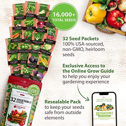 32 Heirloom Vegetable and Fruit Seeds for Planting - 16,000+ Seeds | Non-GMO Survival Seed Vault | High Germination | 32 Varieties of Vegetable Seeds for Your Home Survival Garden - Packaging may vary