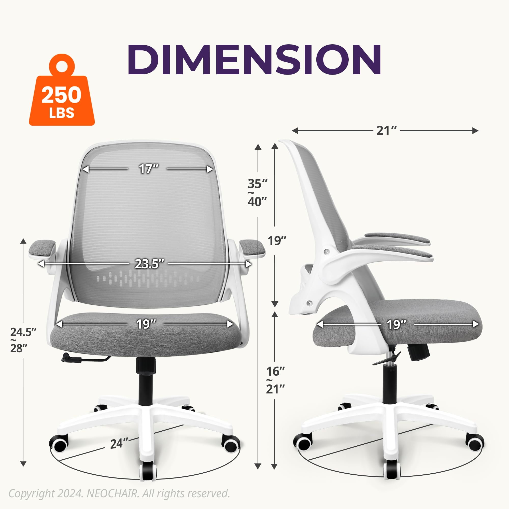 NEO CHAIR Ergonomic Office chair Gaming Desk Computer Chair with Adjustable Height Comfy Lumbar Back Support Flip-Up Padded Armrests and Wheels for Home Office Vanity (Grey)