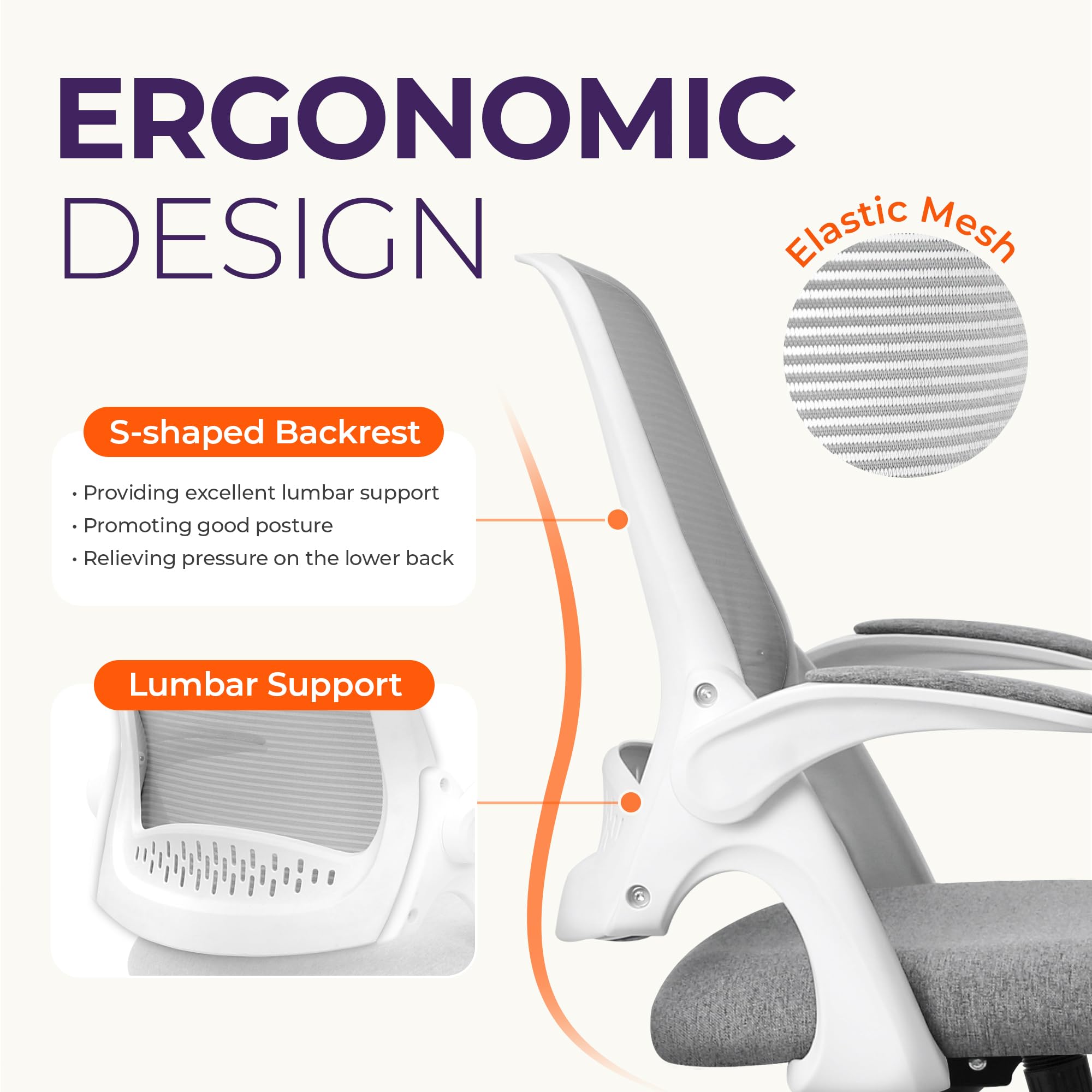 NEO CHAIR Ergonomic Office chair Gaming Desk Computer Chair with Adjustable Height Comfy Lumbar Back Support Flip-Up Padded Armrests and Wheels for Home Office Vanity (Grey)