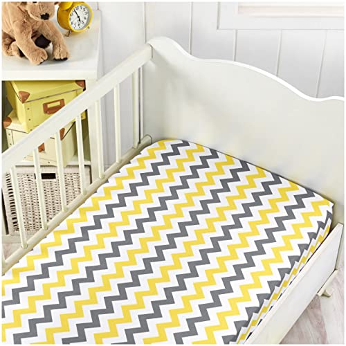 Handywa - 100% Cotton 2 Pack Fitted Crib Sheet Set for Baby and Toddler Bed Mattresses - Yellow Gray Construction Trucks and Chevron for Boy Nursery