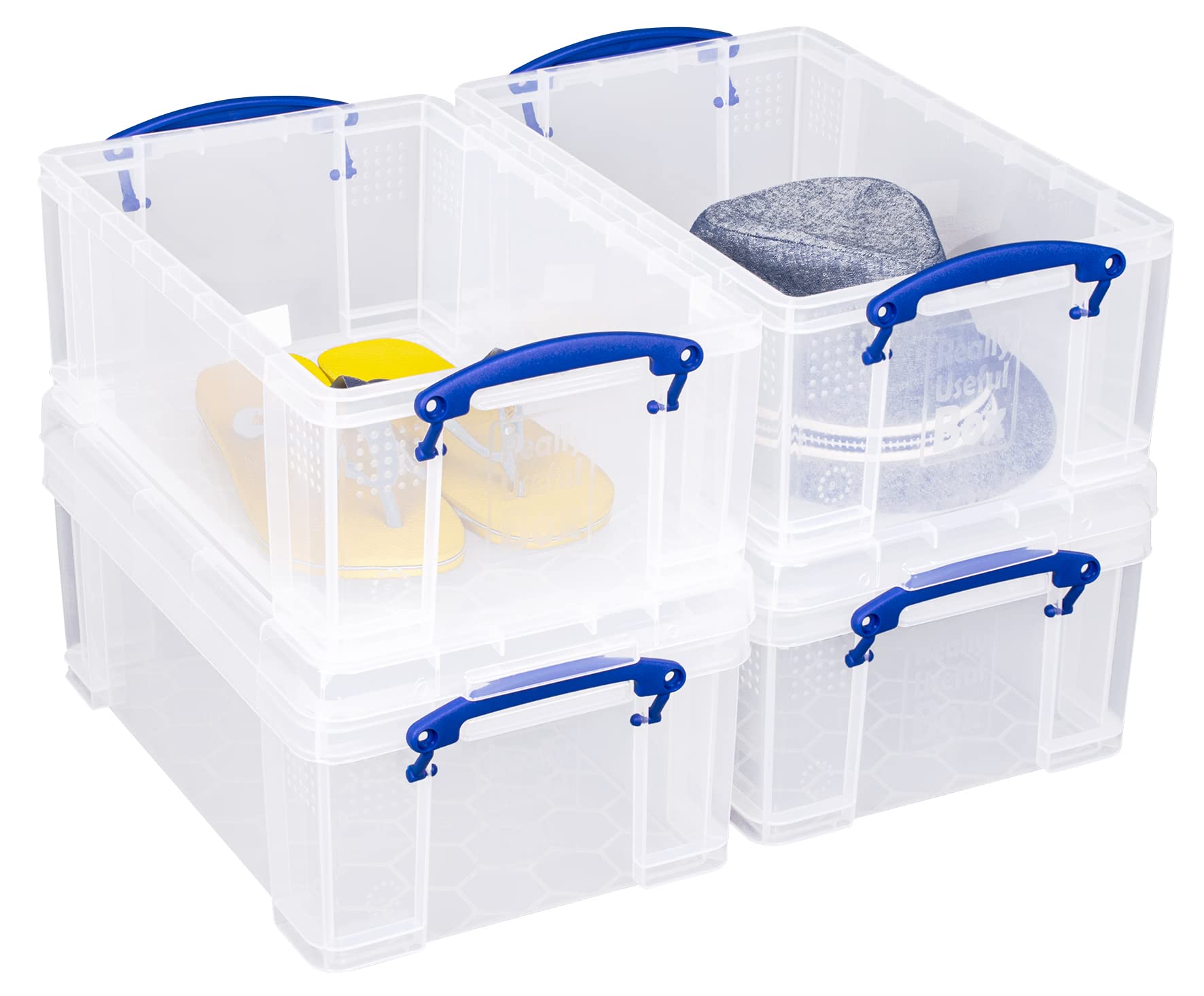 Really Useful Box 9 Litre Plastic Storage Box Clear, Multi-purpose stacking storage, with a lid and clip lock handles, Ideal for home, office, school and arts and crafts storage (Pack of 4)