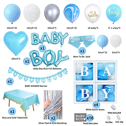 Baby Shower Decoration For Boy Blue Balloons and It's A Boy Themes Party Supplies Boxes Banner Silver Background