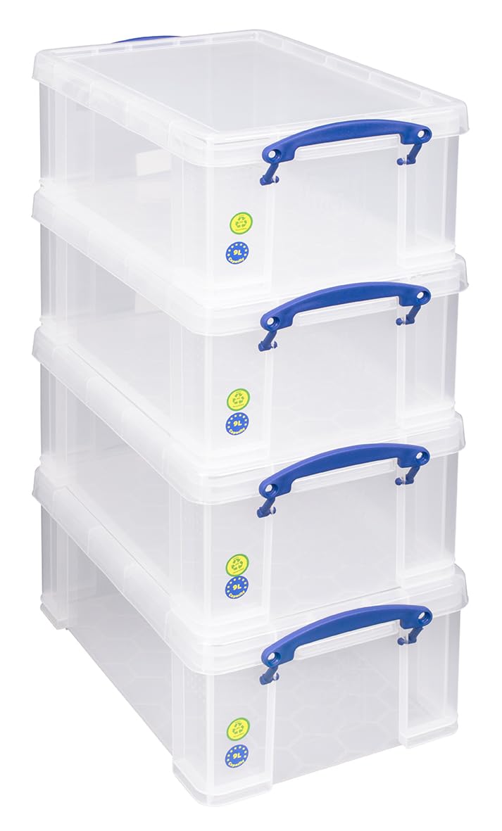 Really Useful Box 9 Litre Plastic Storage Box Clear, Multi-purpose stacking storage, with a lid and clip lock handles, Ideal for home, office, school and arts and crafts storage (Pack of 4)