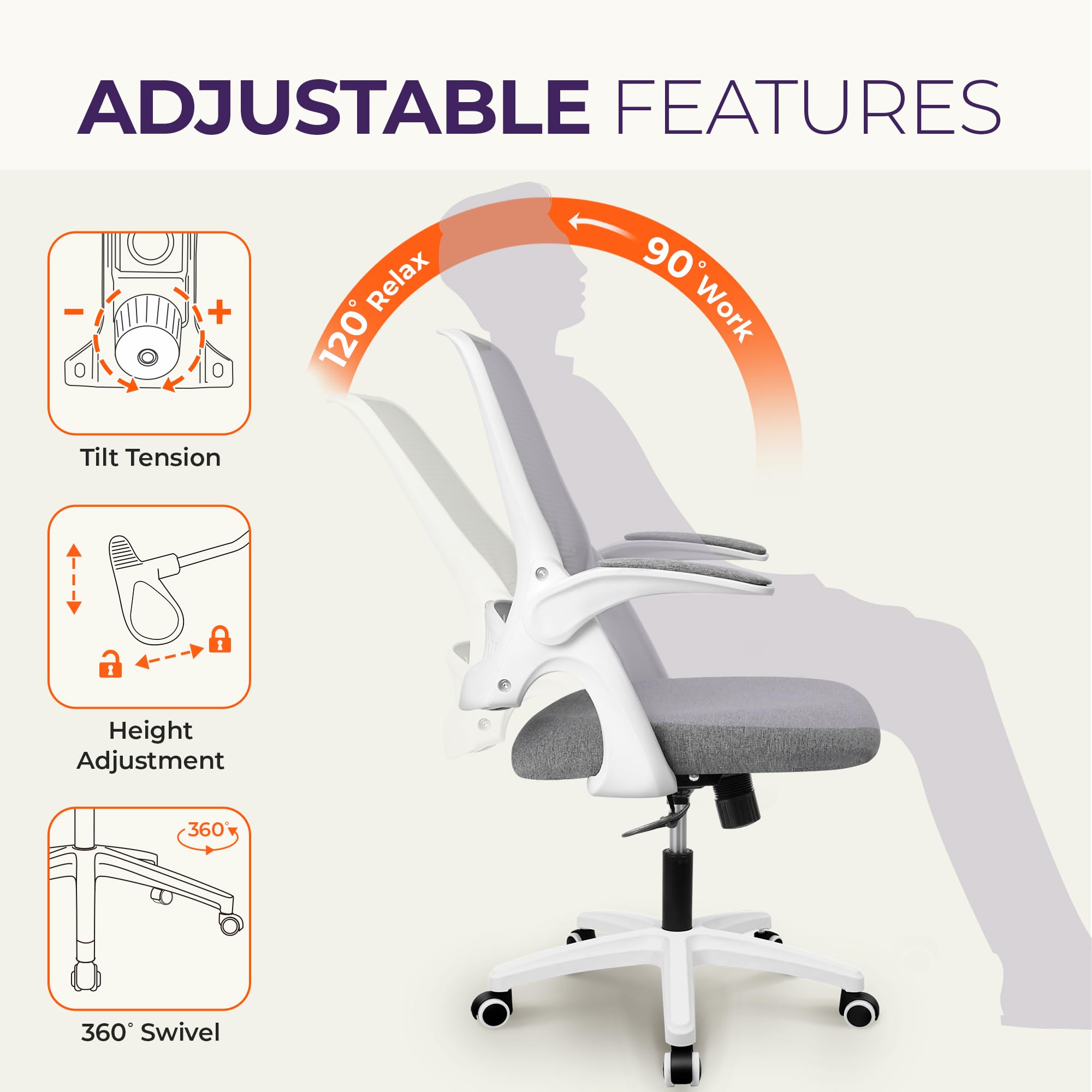 NEO CHAIR Ergonomic Office chair Gaming Desk Computer Chair with Adjustable Height Comfy Lumbar Back Support Flip-Up Padded Armrests and Wheels for Home Office Vanity (Grey)