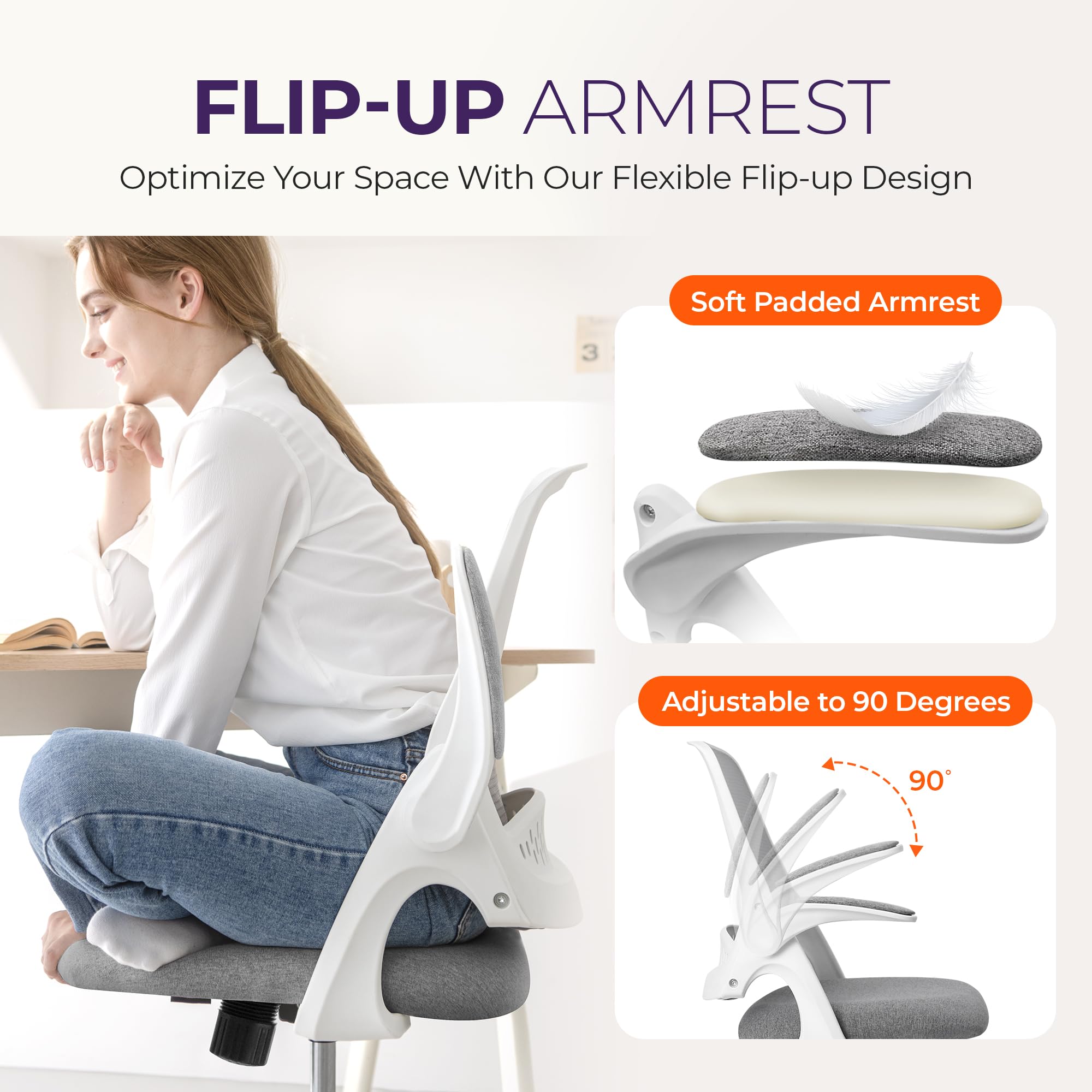 NEO CHAIR Ergonomic Office chair Gaming Desk Computer Chair with Adjustable Height Comfy Lumbar Back Support Flip-Up Padded Armrests and Wheels for Home Office Vanity (Grey)