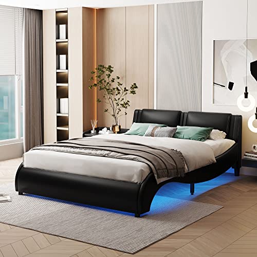 Lostcat Full Modern Upholstered Faux Leather Platform Bed with LED Light Bed Frame,Strong Wood Slats Support,Wave Like Curve Low Profile Bed Frame for Boys/Girls/Adult Bedroom,Easy Assembly,Black