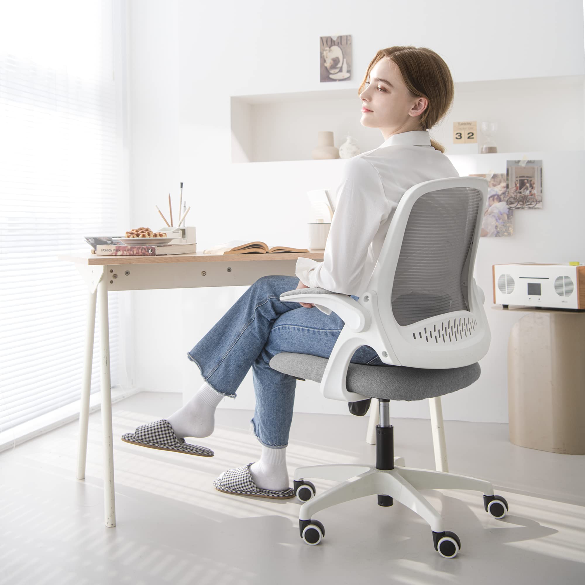 NEO CHAIR Ergonomic Office chair Gaming Desk Computer Chair with Adjustable Height Comfy Lumbar Back Support Flip-Up Padded Armrests and Wheels for Home Office Vanity (Grey)