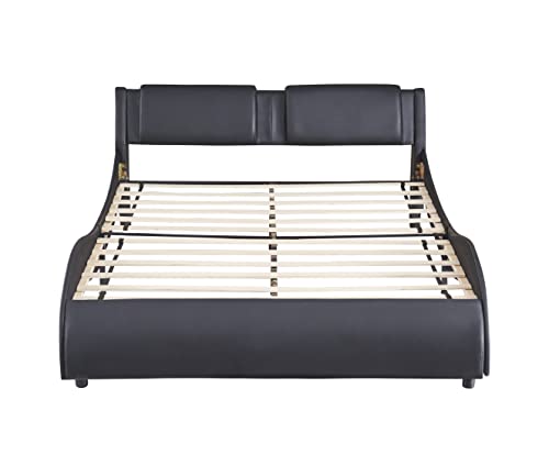 Lostcat Full Modern Upholstered Faux Leather Platform Bed with LED Light Bed Frame,Strong Wood Slats Support,Wave Like Curve Low Profile Bed Frame for Boys/Girls/Adult Bedroom,Easy Assembly,Black